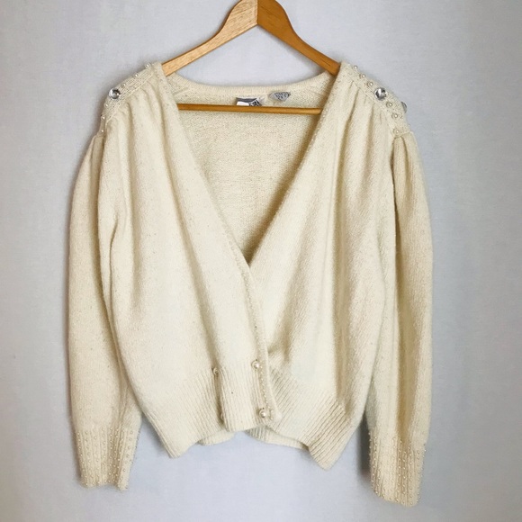 Vintage | Sweaters | Vintage Cream Deep V Cardigan With Pearl Accents ...